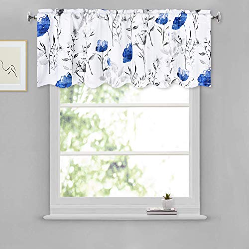 VERTKREA Curtains Flower Watercolor Window Drapes Blue Valance 52 Ă 18 Inches Flower and Leaves Rod Pocket Valances for Kitchen Bathroom Living Room Bedroom Nursery 1 Panel