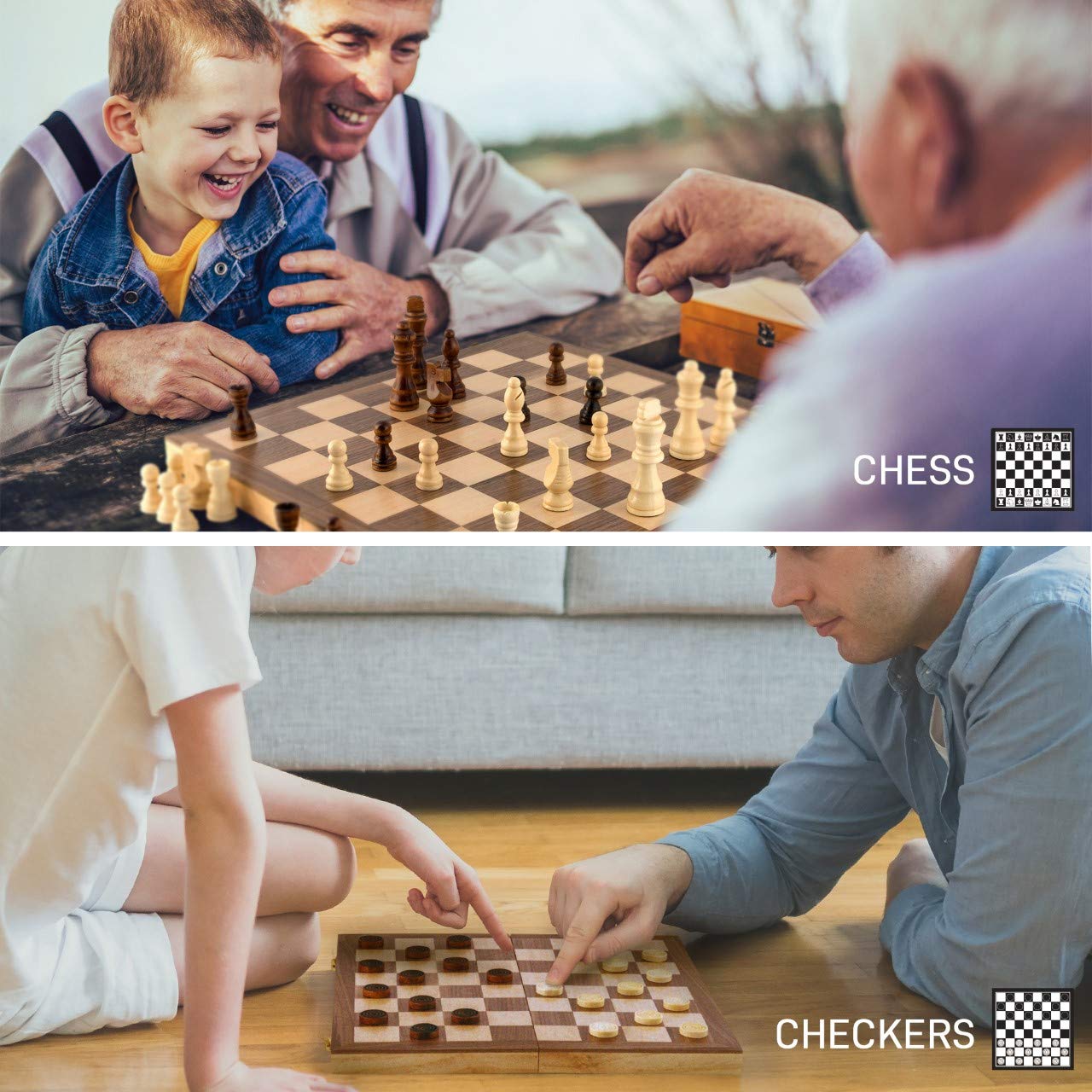 Wooden Chess Set - Handcrafted Chess Pieces - 15 Inch Chess Board - Foldable - Interior Storage Space - Travel Friendly - Felt Bottom - 3 Inch King - Bonus Wooden Checkers Pieces