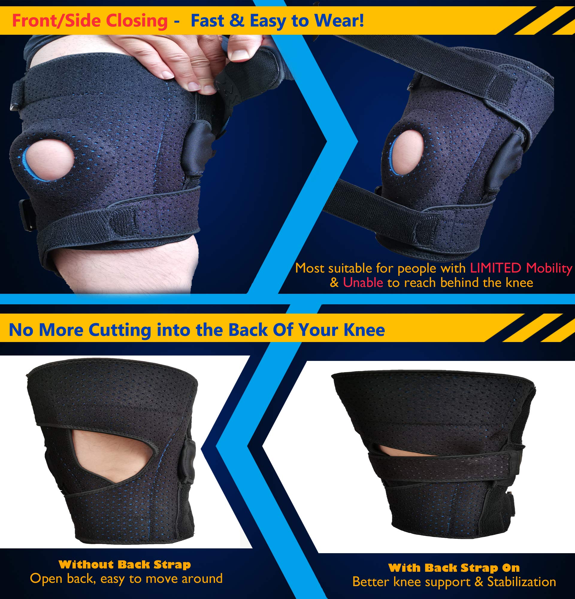 VieVibrante Plus Size Knee Brace Exclusive - Hinged Side Closing Design for Fast Easy Wearing. Designed for Plus Size Men and Women, Provides Great Stabilization, Support, Non Slip & Non Bulky 3