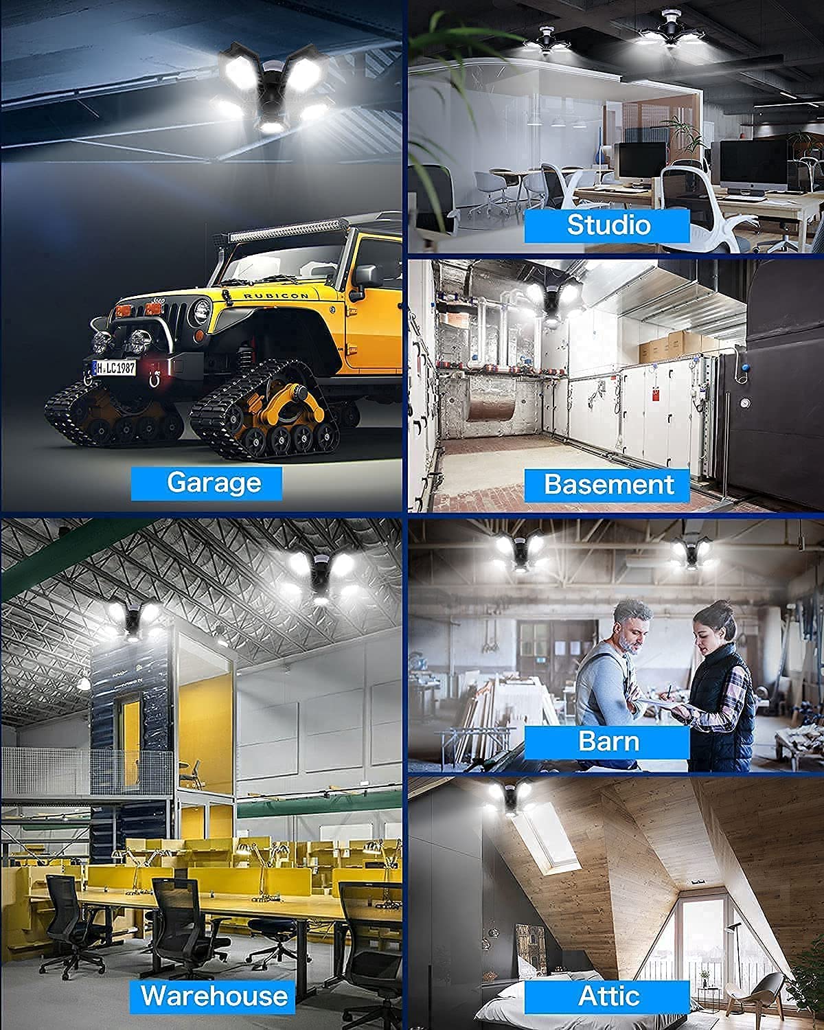 TANBABY 2 Pack LED Garage Lights, 100W Deformable Best Garage Light Ceiling LED Shop Lights, 10000LM E26/E27 LED Light 6500K Garage Lighting with 4+1 Adjustable Panels Garage bulb for Garage, Basement
