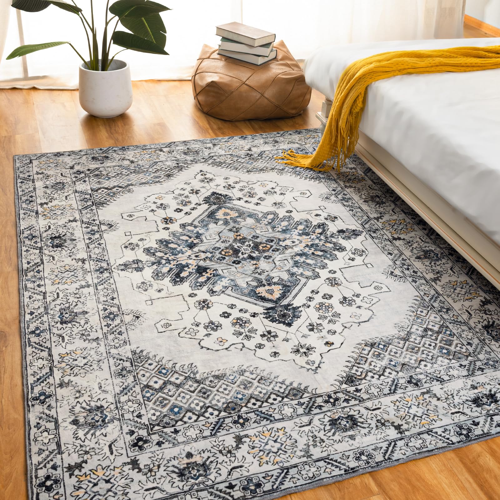 Wasbable Area Rug 5x7 Bedroom - Living Room Stain Resistant Thin Rugs with Rubber Backing - Large Grey Indoor Floor Carpet for Dining Room Office,Grey/Cream