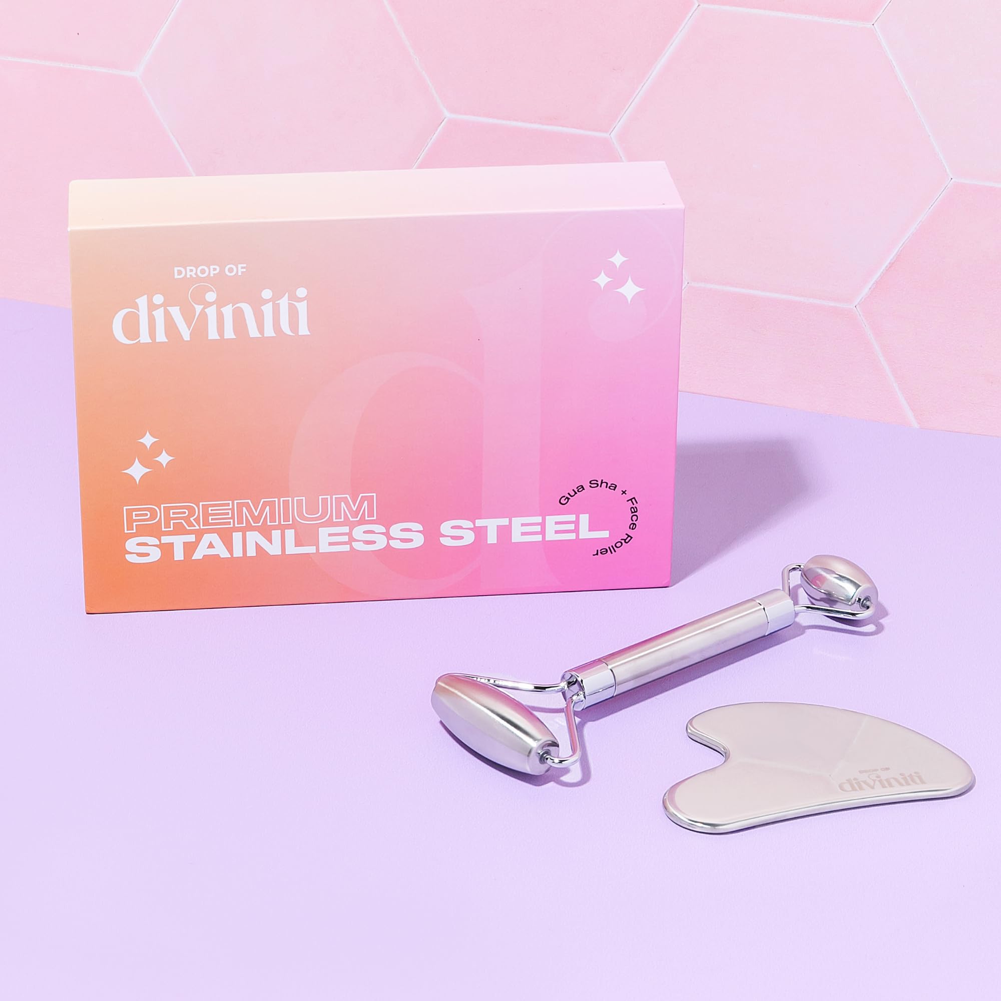 Stainless Steel Face Roller - Premium Gua Sha Facial Tools Stainless Steel GuaSha Tool and Face Roller Set - Gua Sha Stainless Steel Gua Sha Tool - Metal Face Roller and Gua Shua Set - Spa Gifts