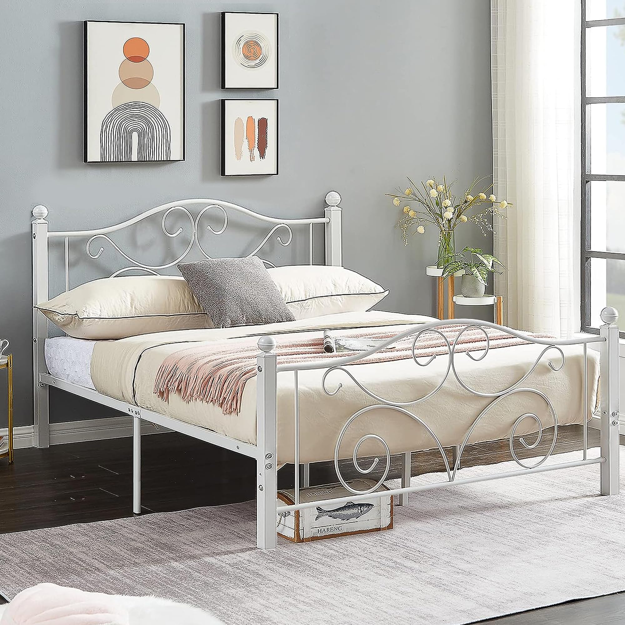 VECELO Queen Size Bed Frame with Headboard and Footboard, Heavy Duty Metal Slat Support, Platform Mattress Foundation, No Box Spring Needed, Easy Assembly, White