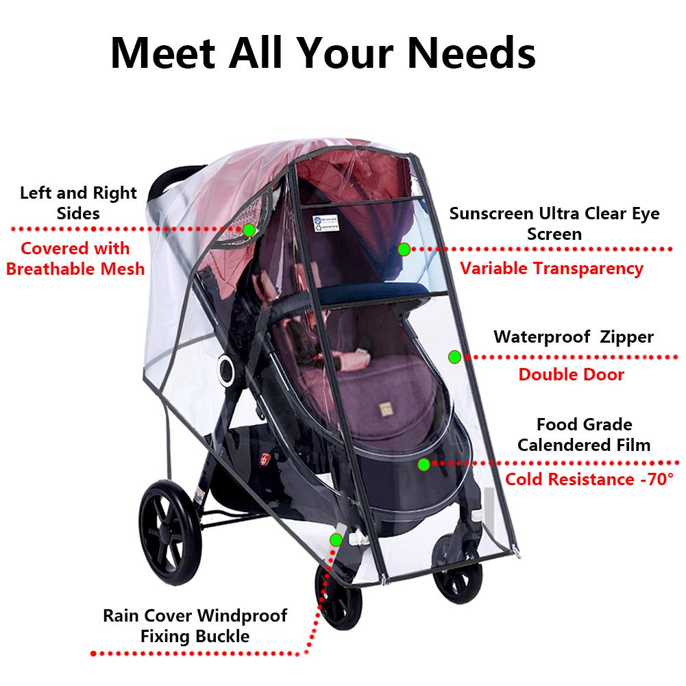 Universal Baby Stroller Rain Cover, Double Zipper with Eye Screen,Windproof,Dustproof, Rain and Snowproof Stroller Cover,Ventilated High-Definition Transparent Baby Travel Windproof and Insect Cover
