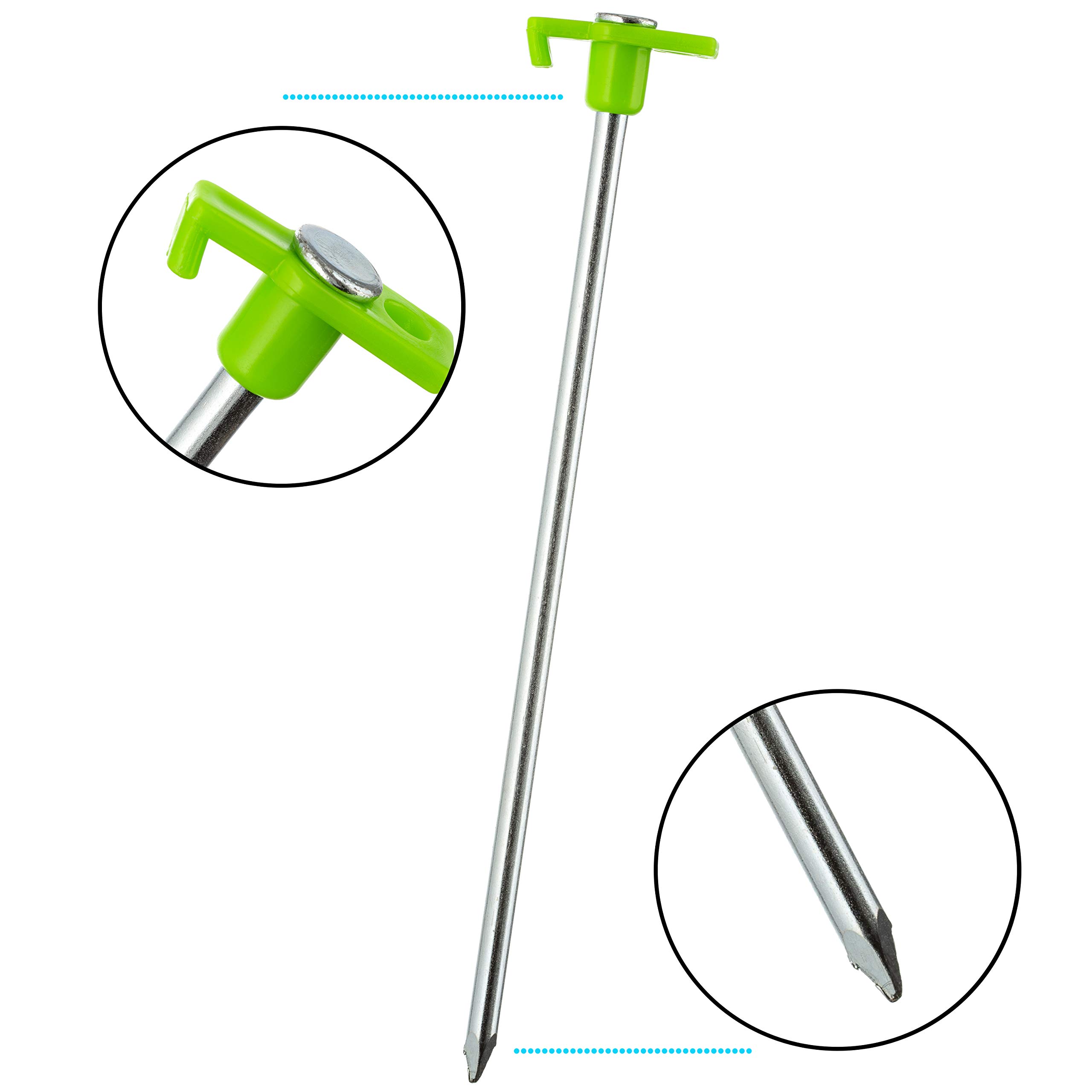 TARPATOP Galvanized 10” Tent Pegs – 12 Heavy Duty Anchoring Stakes with Green Stopper - 1 Peg Puller – Accessory Tool for Hikers, Campers and Farmers – for Gardening, Canopies, Beach Shades and Tarps