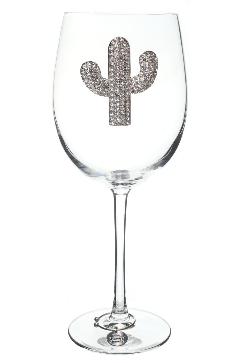 THE QUEENS' JEWELS Diamond Cactus Jeweled Stemmed Wine Glass, 21 oz. - Unique Gift for Women, Birthday, Cute, Fun, Not Painted, Decorated, Bling, Bedazzled, Rhinestone
