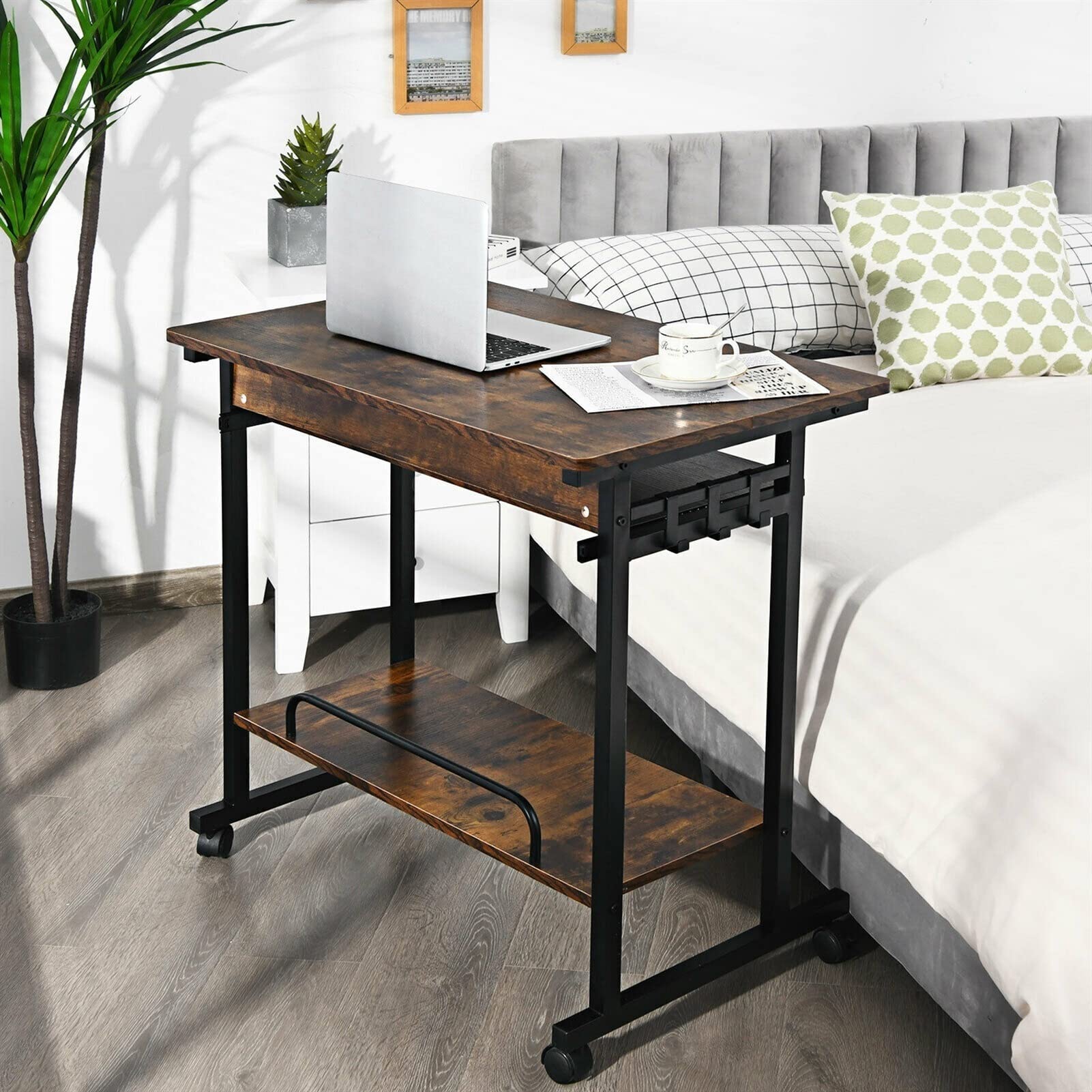 Writing Study Desk, Rustic Brown PC Desk Removable Laptop Cart Writing Desk Workstation with Pull-Out Keyboard Tray and Side Hooks, Stable Heavy Duty Steel Frame ,Computer Workstation for Home & Offic