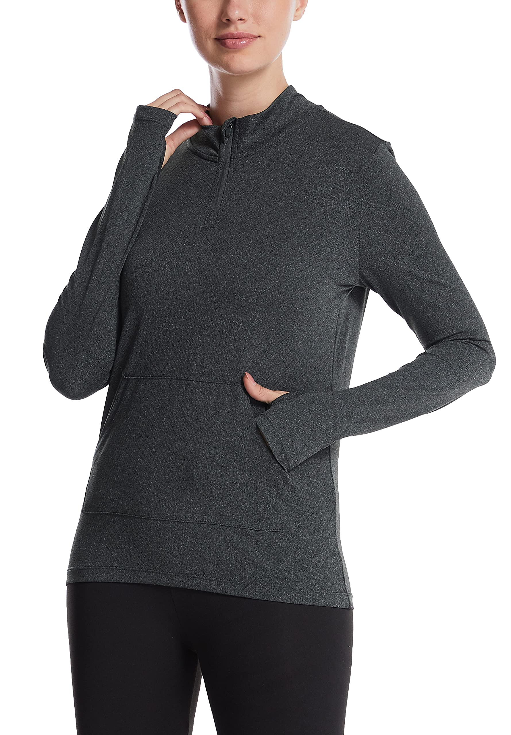 Women Quarter Zip Hiking Pullover Long Sleeve Lightweight Golf Tops Half Zip Running Pullover Yoga Shirts Athletic Tops with Thumb Holes Grey XL