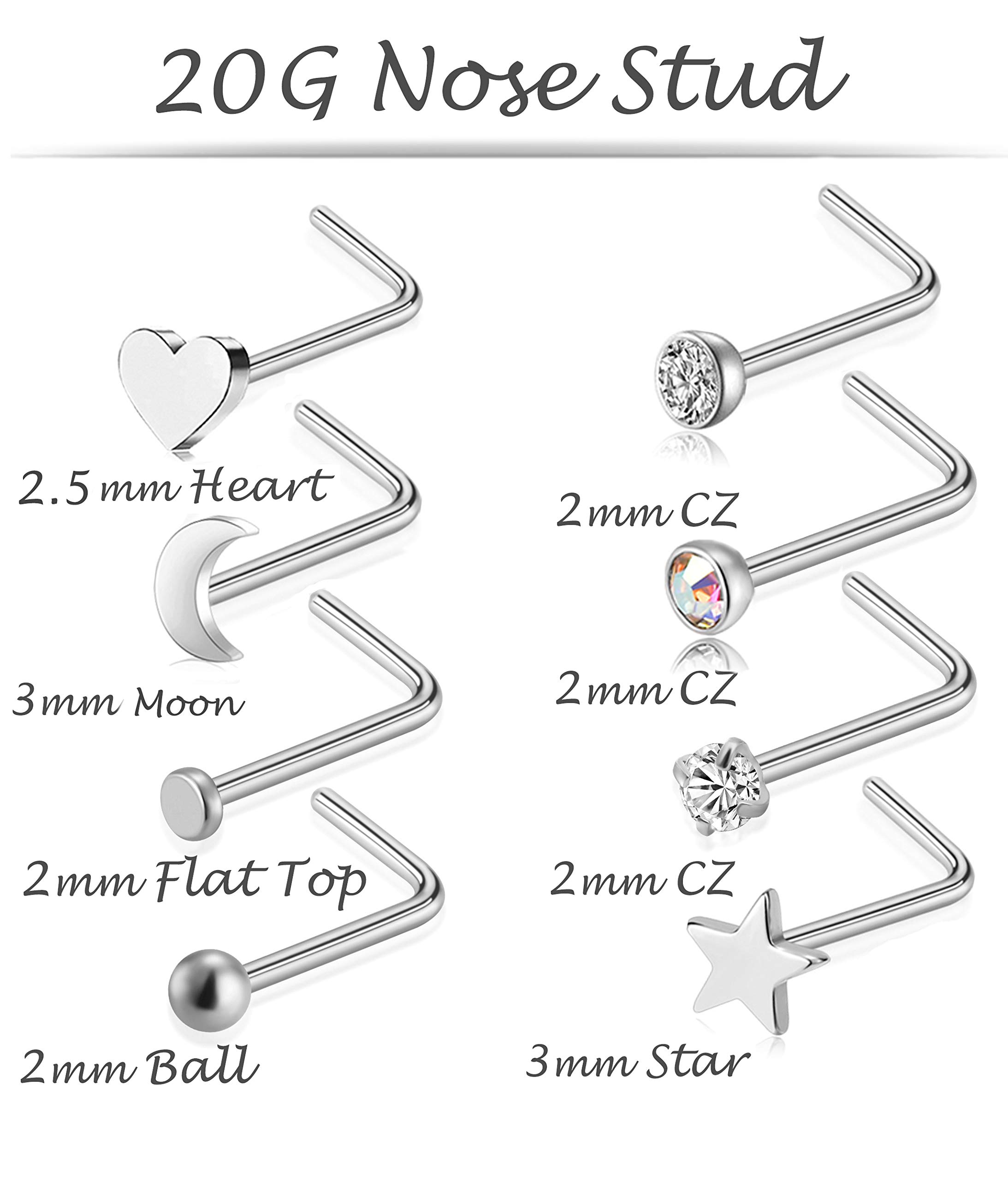 Tornito 20G 36Pcs Stainless Steel L Shaped Nose Ring CZ Nose Stud Retainer Labret Nose Piercing Jewelry (A0：36Pcs, Silver Tone) …