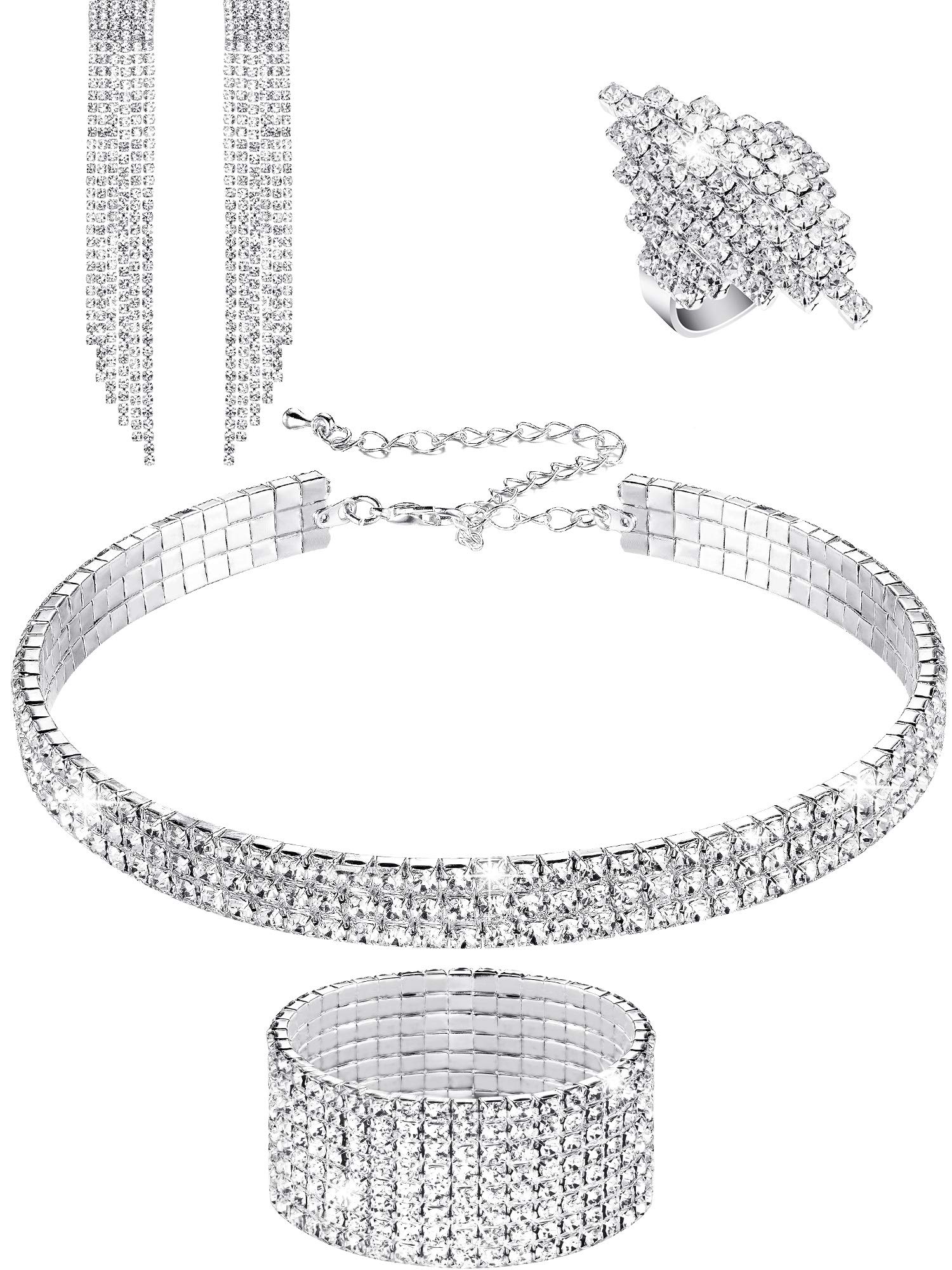 Women Rhinestone Stretch Bracelet Bangle Crystal Rhinestone Necklace Ring Dangle Fringe Earrings (Silver)