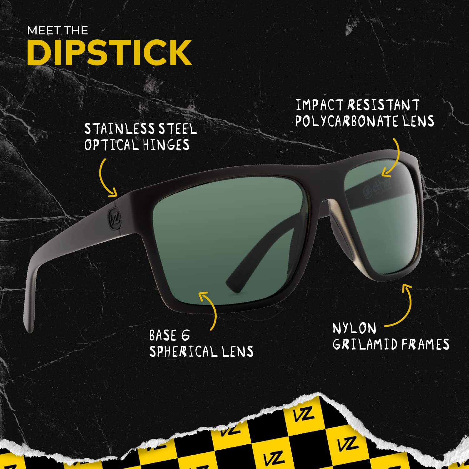 VonZipper Dipstick Rectangular Sunglasses, Hardline Black Tort/Grey, 60 mm