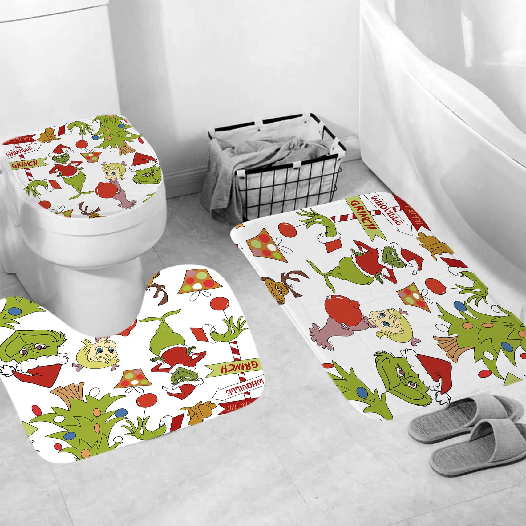 Teunix 4 Pcs Christmas Shower Curtain Set with Non-Slip Rugs, Toilet Lid Cover and Bath Mat, Christmas Decor for Bathroom, Christmas Bathroom Home Decorations with Hooks 71'' x 71'' (White)