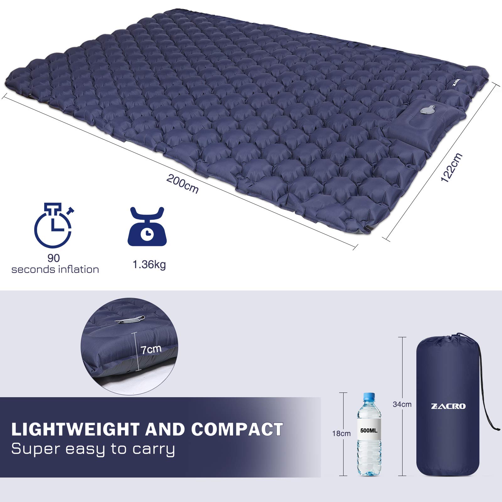 Zacro Double Camping Sleeping Pad, 2 Person Camping Sleeping Mat, Wide 47 inches Lightweight Camping Mattress, Sleeping Mat for Backpacking, Camp, Hiking, Travel.