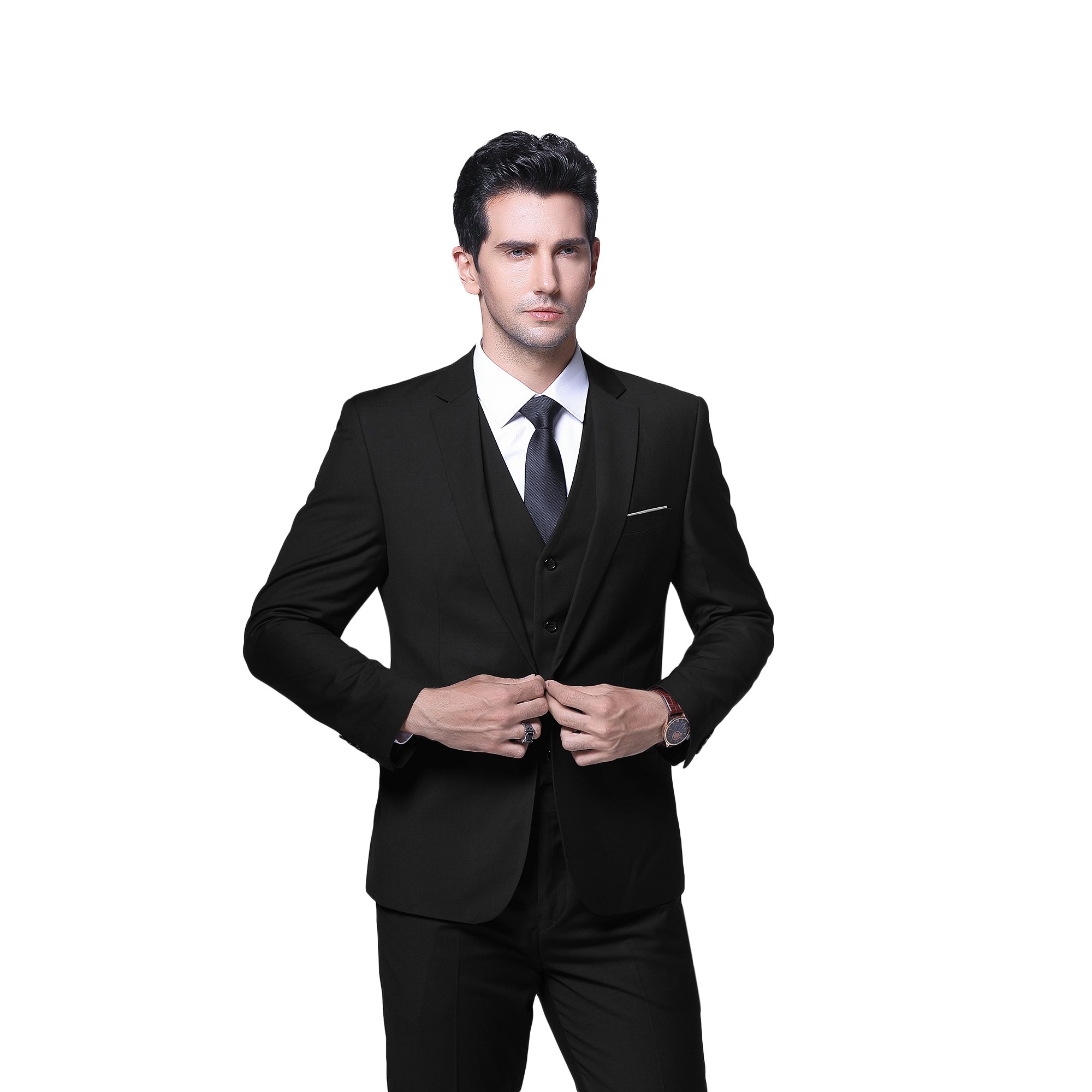 YFFUSHI Men's Slim Fit 3 Piece Suit One Button Blazer Tux Vest & Trousers,Black,Large