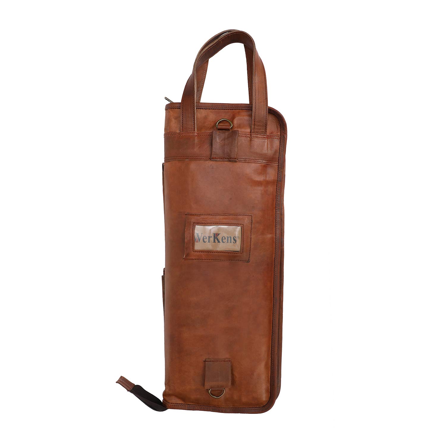 WerKens Leather Drumstick Bag Floor Tom Hooks Holds 10-12 Pairs Drum Sticks Mallets Brushes Percussion Drum Stick Bag Detachable Shoulder Strap Easy Carry Handles (Brown) β DSB003