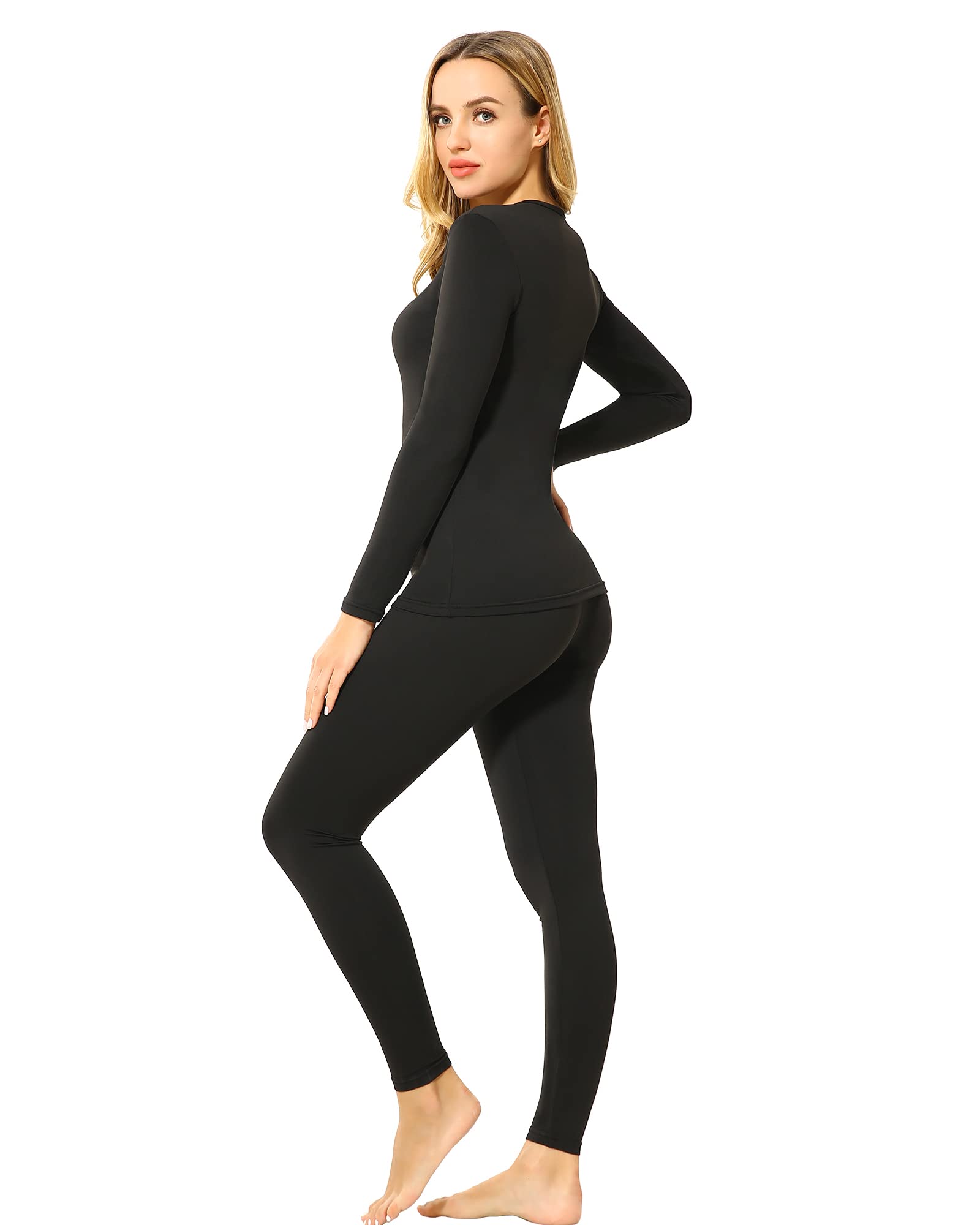 ViCherub Womens Thermal Underwear Set Long Johns Base Layer Fleece Lined Cold Weather Soft Top Bottom Black 2XL