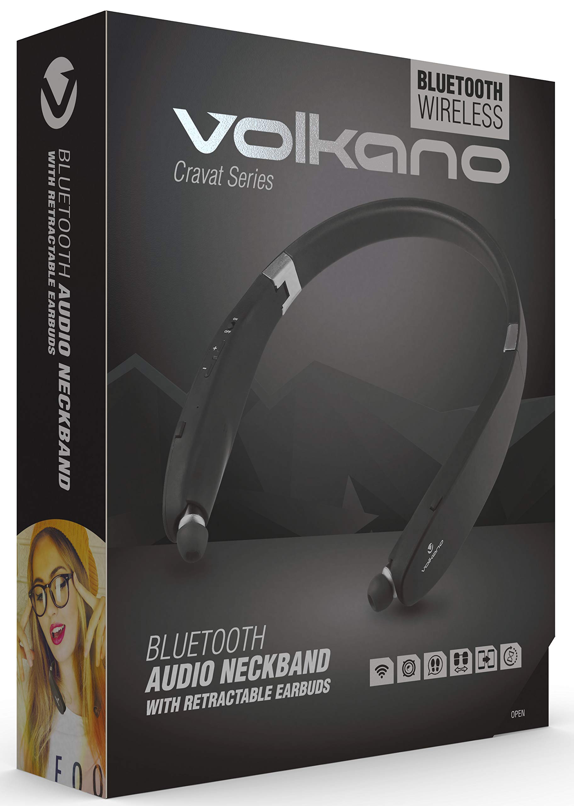 Volkano Retractable Bluetooth Neckband Earphones, Hands-Free Calling, Integrated Controls with Built-in Microphone for Clear Calls, Long Playtime, Lightweight Wireless Headset [Black] - Cravat Series