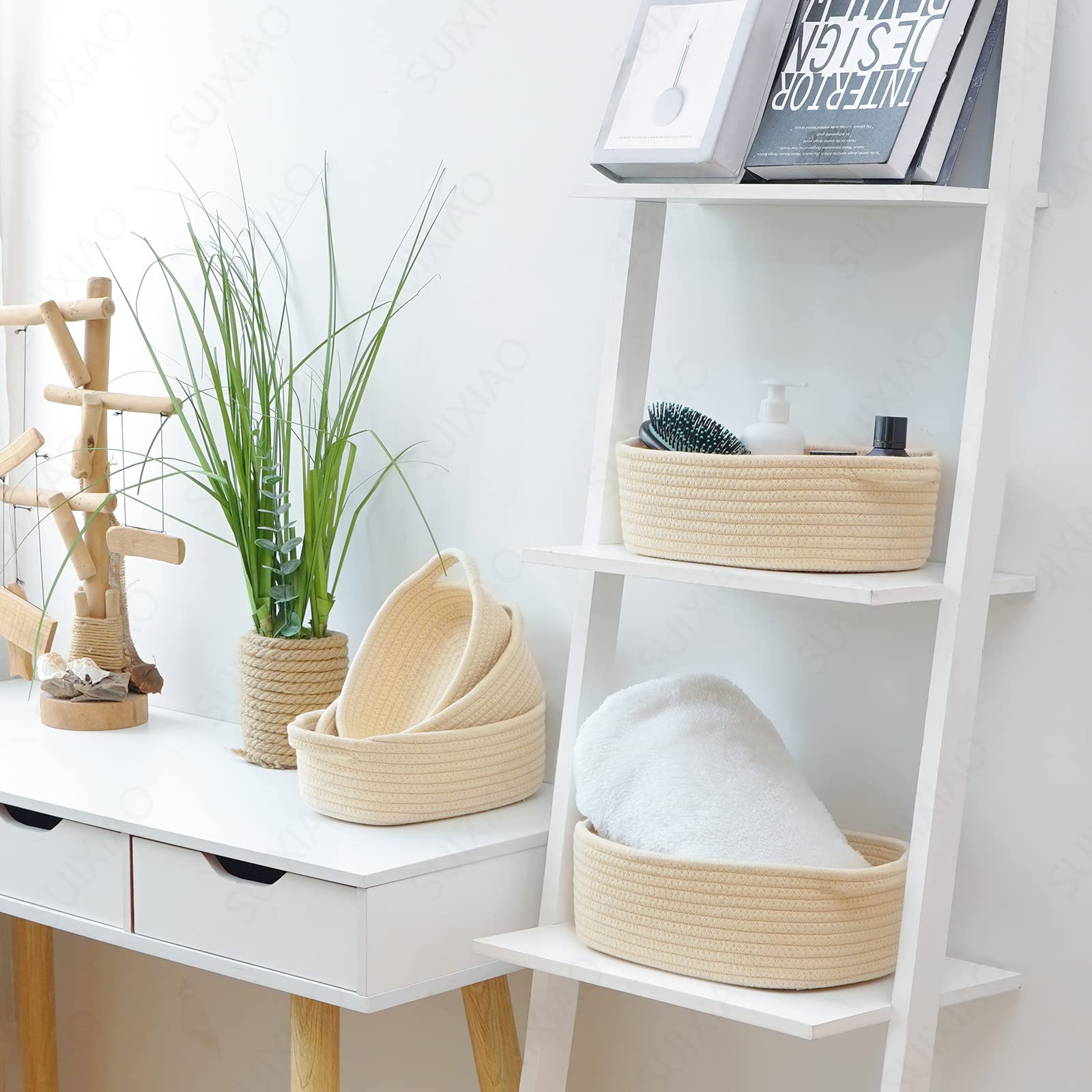 Sunla 5-Piece Storage Basket Set, Natural Rope Woven Baskets for Organizing & Storage, Nursery Storage Baskets, Cute Small Rope Basket Set for Clothes, Foods, Toys (Beige)