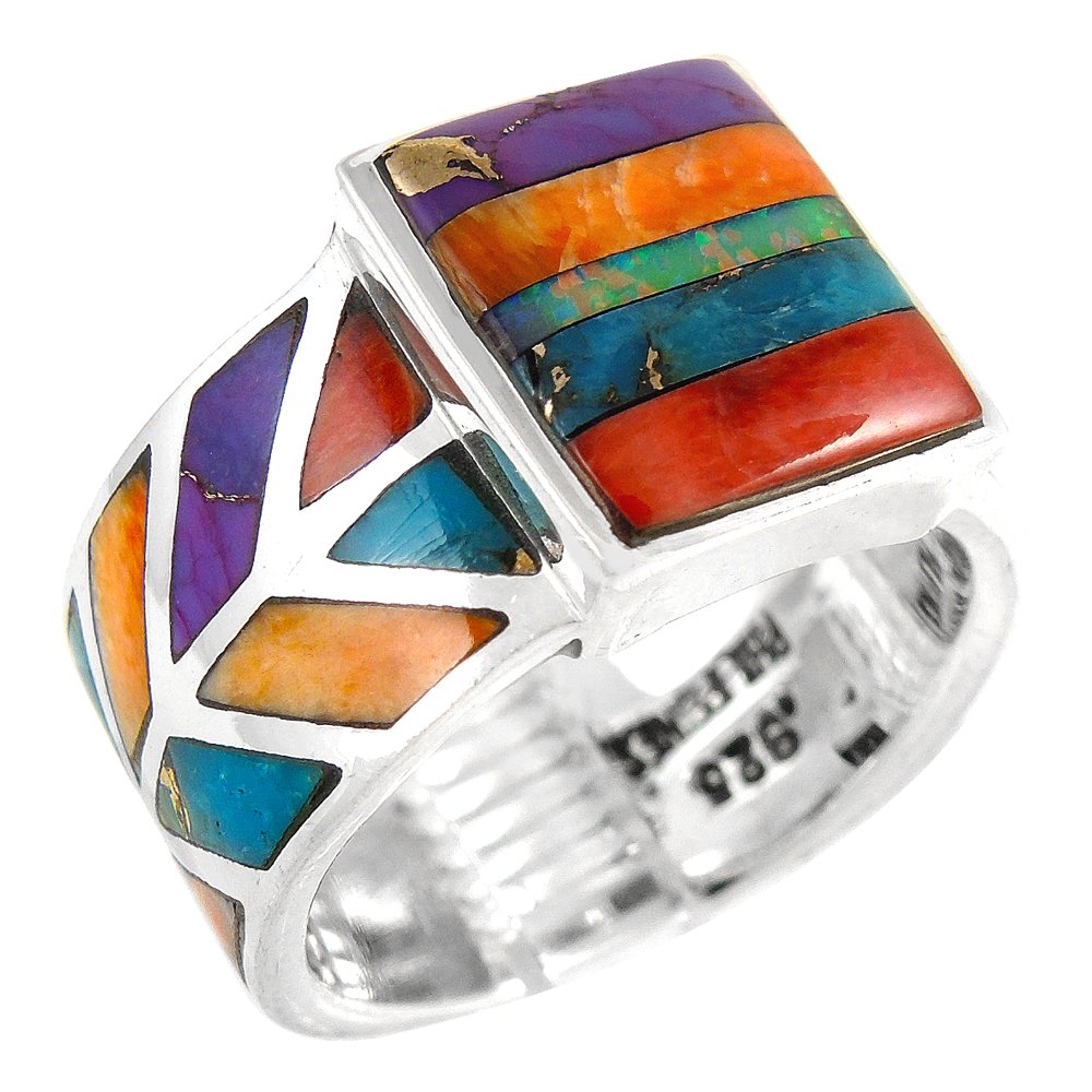 Turquoise Ring Sterling Silver 925 Genuine Gemstones Size 6 to 11 (Choose Color) (Multi-00, 7)