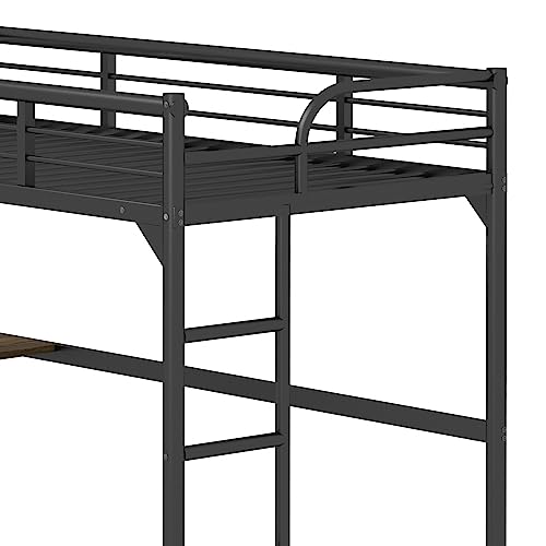 Voohek Twin Size Metal Loft Bed with Desk, Ladder and Guardrails, Bunk Bed Frame for Bedroom, Anti Wobbly Design, Large Weight Capacity, Black