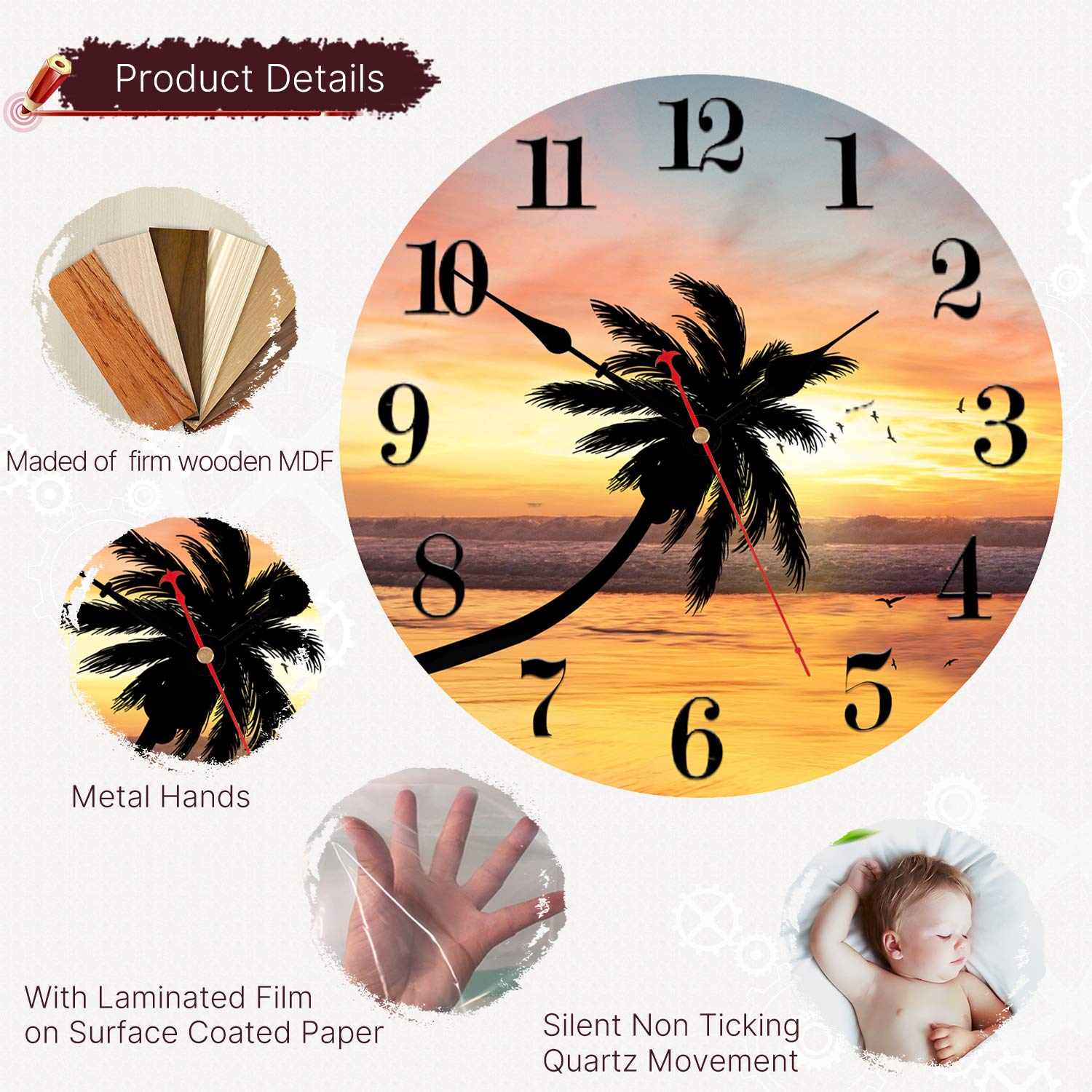 VIKMARI Silent Wall Clock Non Ticking, 8 inch Quartz Excellent Accurate Sweep Movement Wood Wall Clock, Modern Decorative for Kitchen, Living Room,Dining Room,Bedroom,Office (Beach Sunset Style)