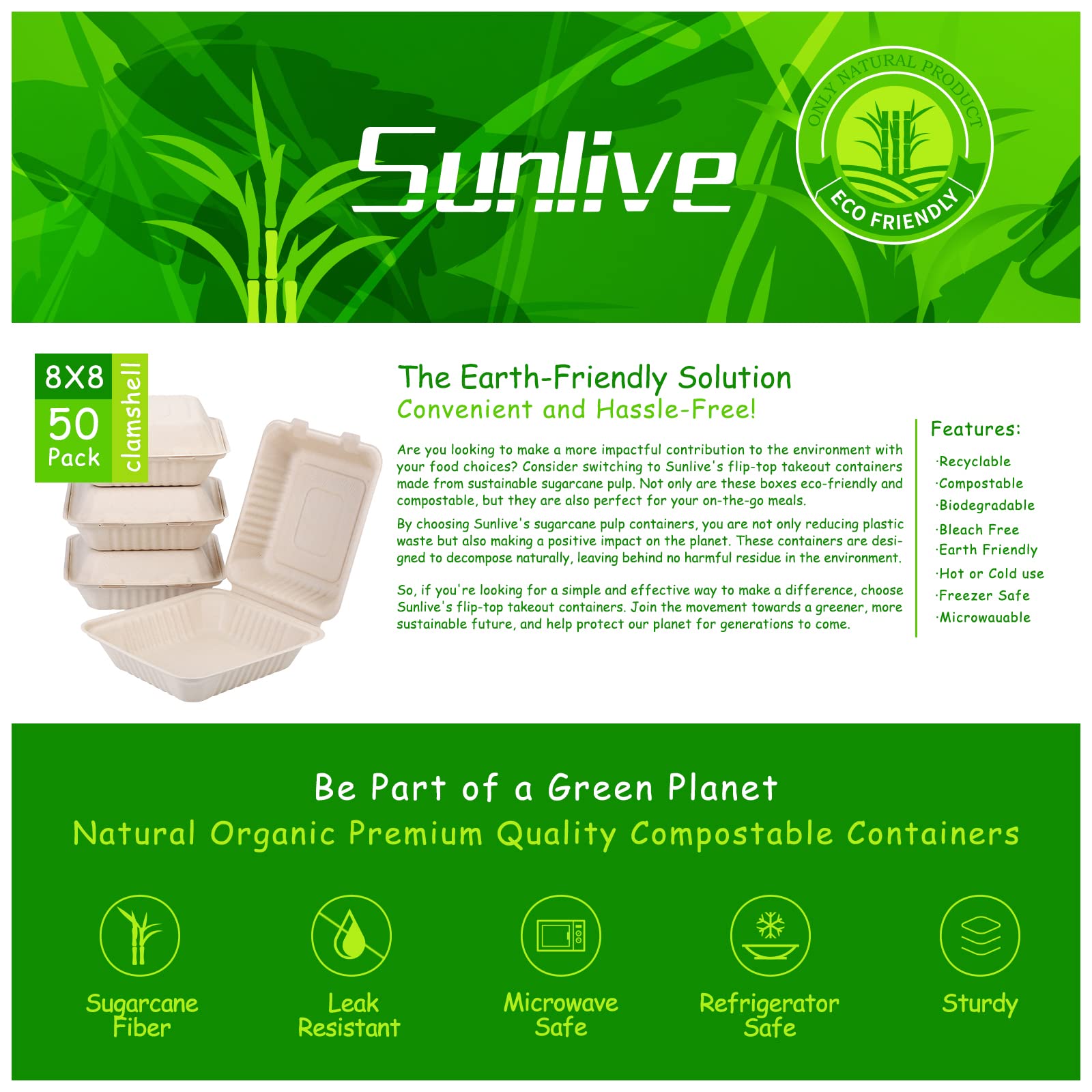 Sunlive 100% Home Compostable 50 Pack Disposable Clamshell Take Out Food Containers, 8X8'' 1-Compartment to go Containers, Heavy-Duty to go Boxes, Eco-Friendly Biodegradable, Made of Sugarcane Fibers