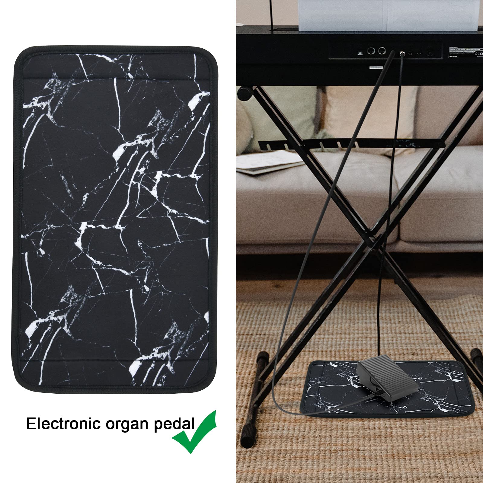 Sewing Machine Foot Pedal Pad Stay in Place Mat, Non Slip Rubber and Hook and Loop Pad to Keep Foot Pedal Steady on Hard Floor Carpet, Piano Pedal,12βx7β, 1/5β Thick (Black+White)
