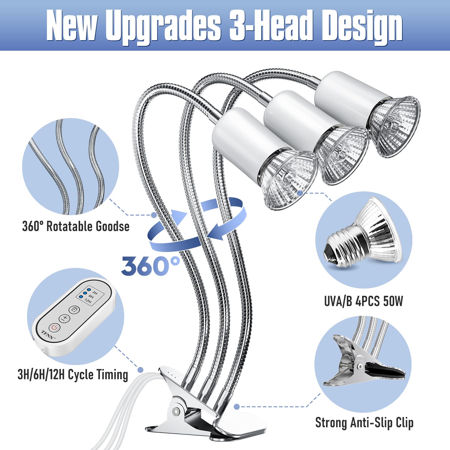 TFNN 2023 Upgrade Reptile Heat Lamp, Three Head Reptile Light with Cycle Timer,UVA UVB light, dimmable Basking lamp for Tortoise, Bearded Dragon, Lizard, Snake, E26/27 Base with 4 Bulbs (50W)-White