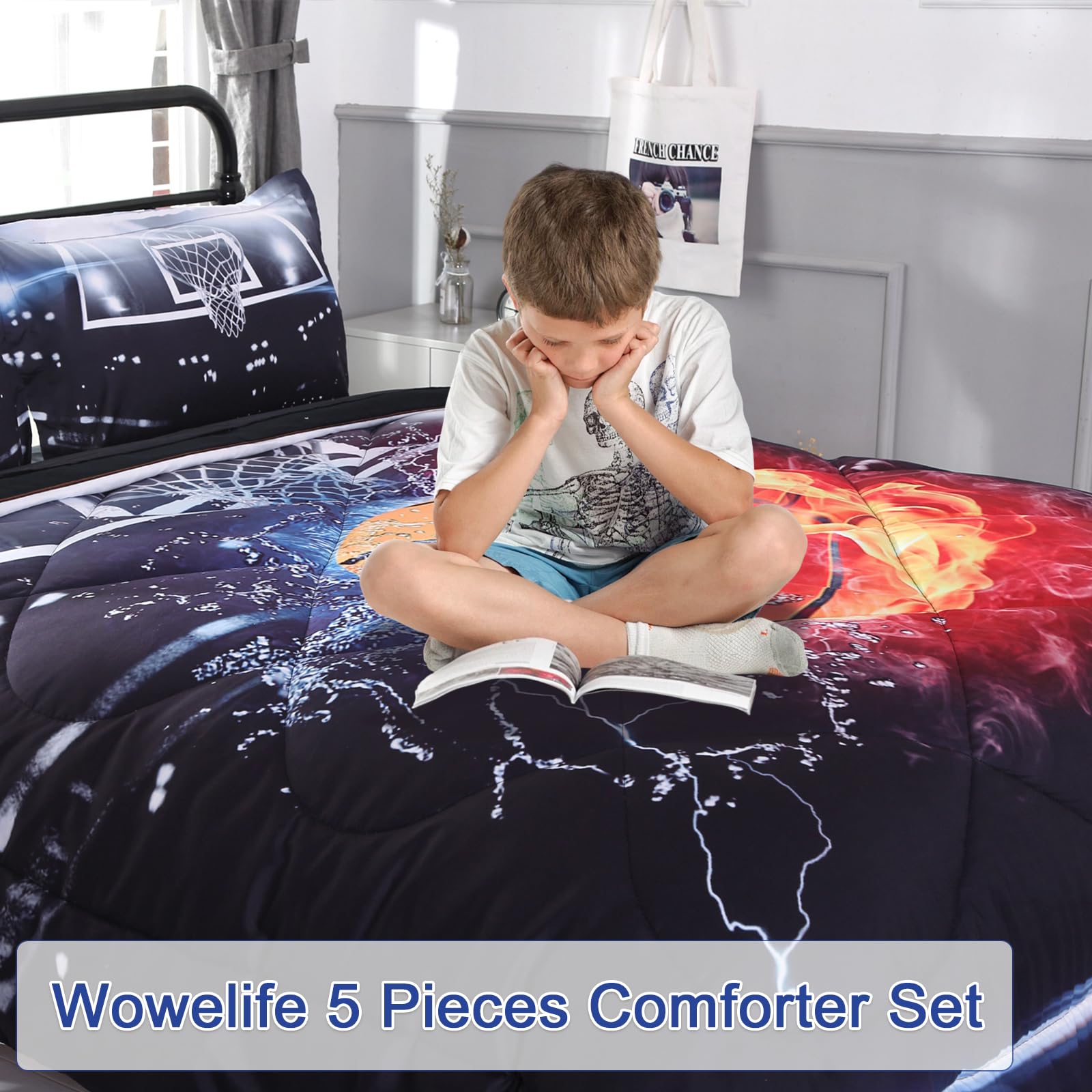 Wowelife Basketball Bedding Set Full Size 5 Pieces Basketball Sports Comforter Set Red Black 3D Fire Water Kids Comforter Sets Breathable with Comforter, Flat Sheet, Fitted Sheet and 2 Pillowcases