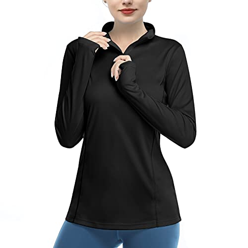 Women's Active Dry-Fit Long Sleeve UPF 50+ Sun Protection Tops Workout Outdoor UV Shirts with Thumb Holes P13 A-black