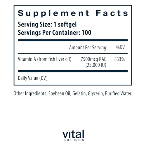 Vital Nutrients - Vitamin A (from Fish Liver Oil) - Supports Immune Function and Vision - 100 Softgels per Bottle - 7500 mcg RAE