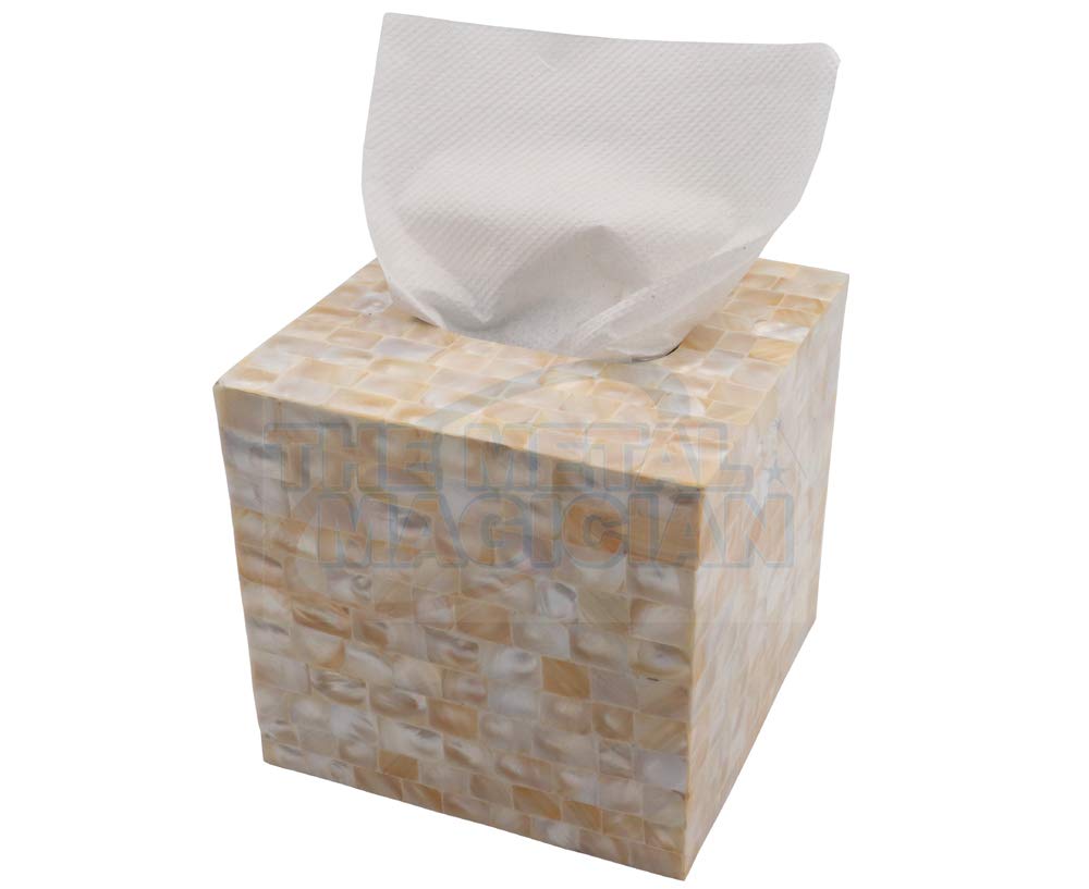 Square Tissue Holder – Decorative Tissue Box Cover is Finished in Beautiful Mother of Pearl by The Metal Magician