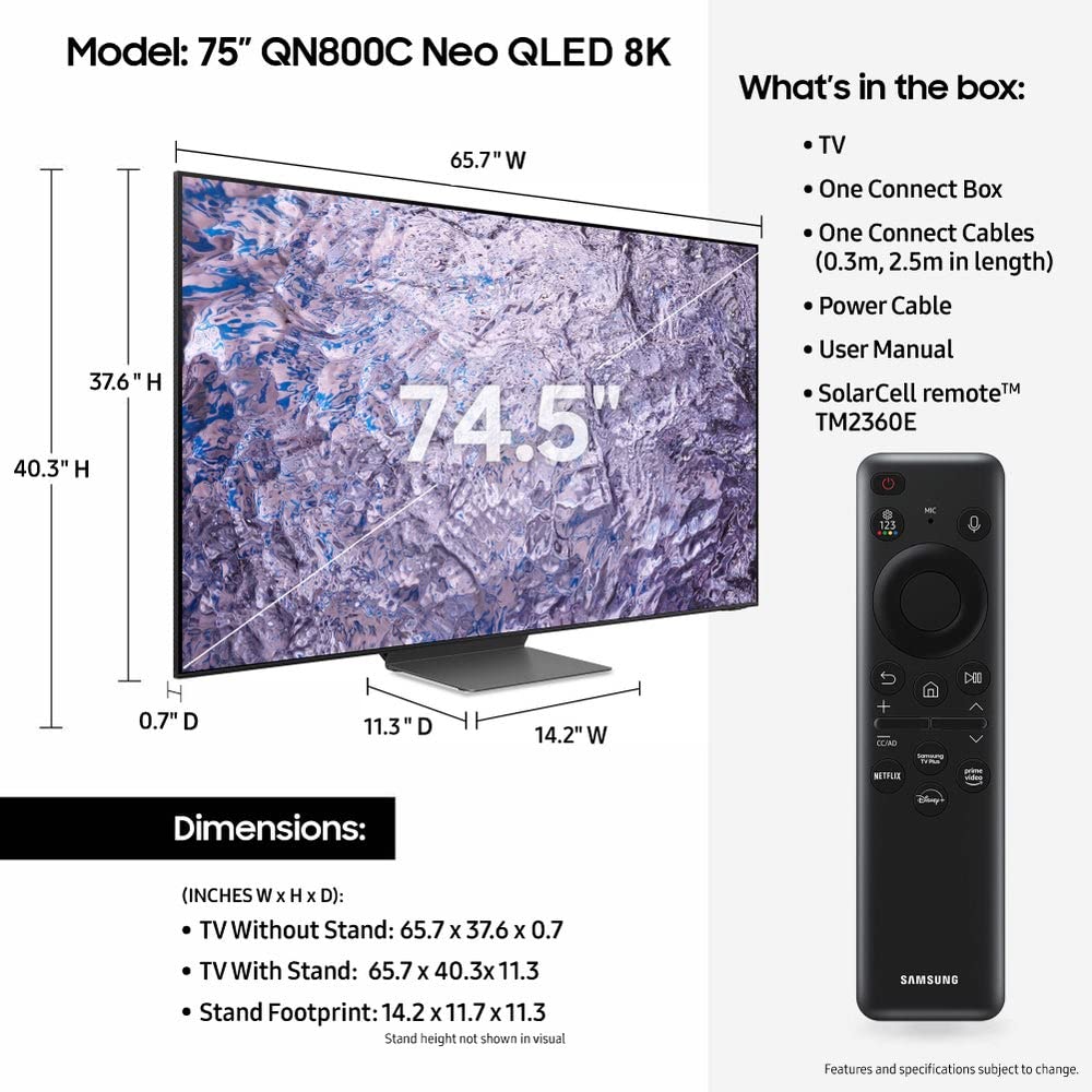 SAMSUNG QN75QN800CFXZA 75 Inch Neo QLED 8K Smart TV with Dolby Atmos with an Additional 1 Year Coverage (2023)(USED)