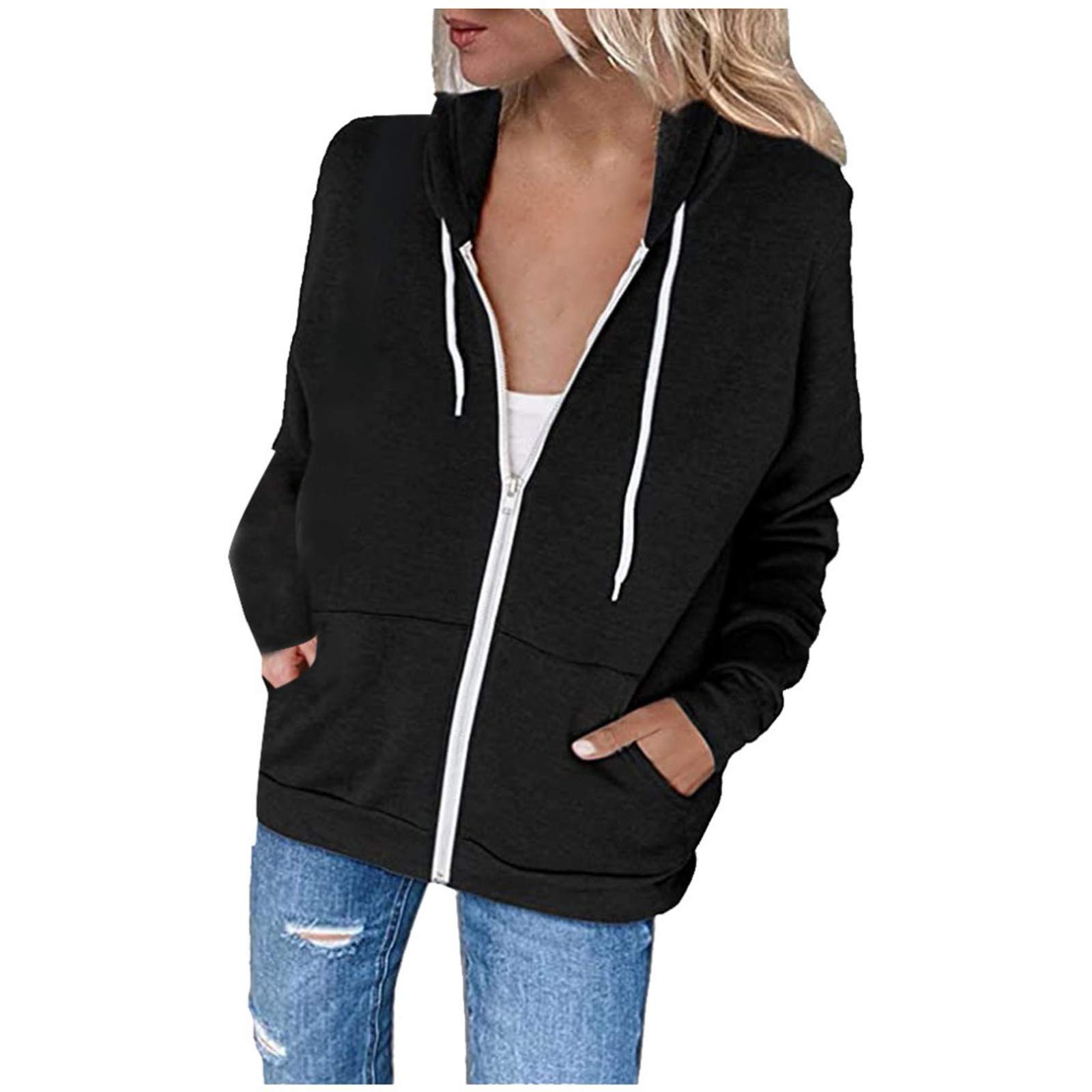 TIEMIHAZA Lightweight Zip Up Hoodies for Women Hooded Sweatshirts Long Sleeve Drawstring Thin Jacket with Zipper, Black