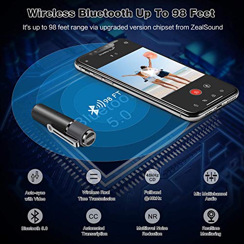 ZealSound Bluetooth 5.0 Lavalier Microphone, 98ft Wireless Range, Noise Cancellation, Portable, Easy to Use, for Phone Calls, Video Recording, Podcasting, Lectures, Interviews, Zoom Meetings