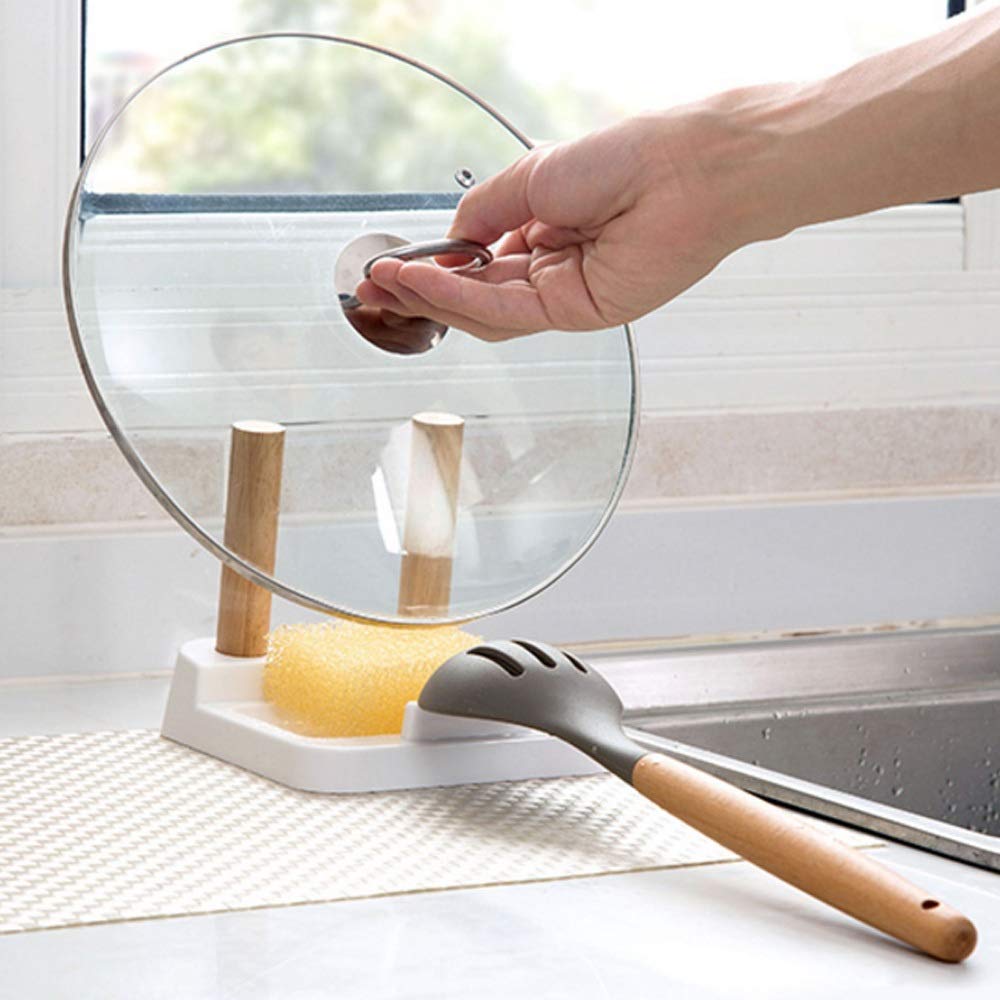 WUDILU Wooden Pot Rack Spoon Holder Pan Cover Lid Rest Stand Home Applicance Drain Rack The Goods for Kitchen Accessories