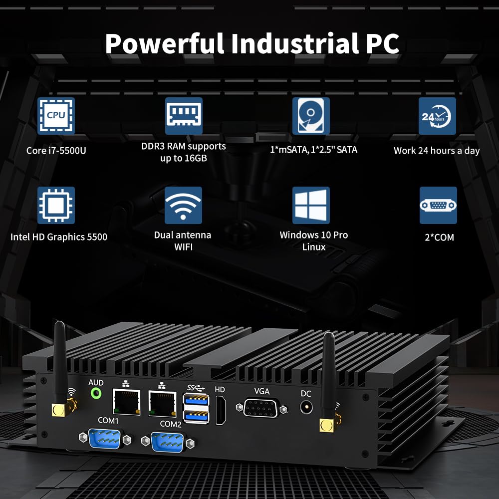 Thdeukoty Fanless Mini Industrial PC, Desktop Computer Core i7-5500U Windows 10 Pro, 16GB RAM 512GB SSD, 2xNICs, 2*COM RS232, 4xUSB3.0, Dula-Band WiFi, HDMI/VGA Ports, Gigabit LAN, Auto Power On