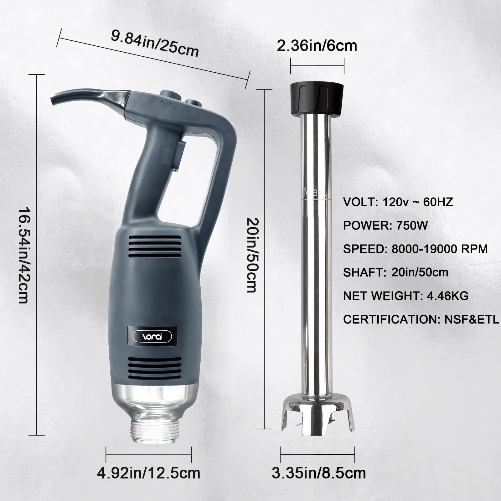 VONCI 750W Commercial Immersion Blender, Extra Heavy Duty Hand Blender with Variable Speed 8000-19000RPM, Handheld Stick Mixer with 20" SUS 304 Shaft, Commercial Emulsifier for Restaurant Kitchen.
