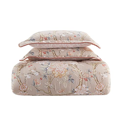 Waverly Peony Gardens 4 Piece Cotton Comforter Set, Embellished All Season Bedding, includes One Comforter, One Bed Skirt and Two Pillow Shams, Machine Washable Queen Bed Set, Taupe
