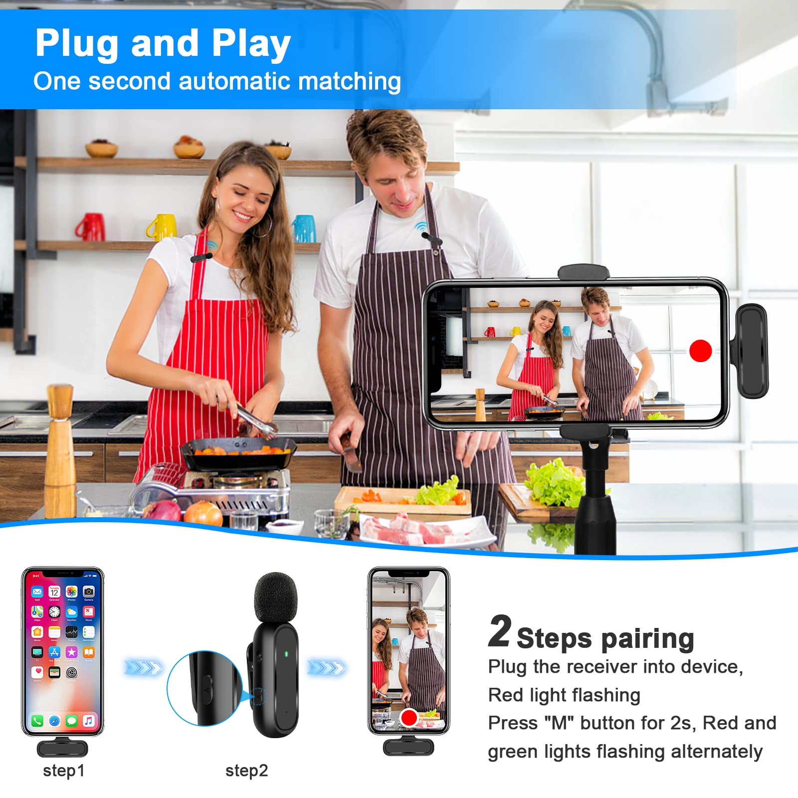 Wireless Lavalier Microphone for iPhone iPad with Charging Case-Clip On Lapel Mic Microphone,Professional Cordless Mic,Omnidirectional Recording Mic for Interview Video Podcast Auto Sync, Plug Play