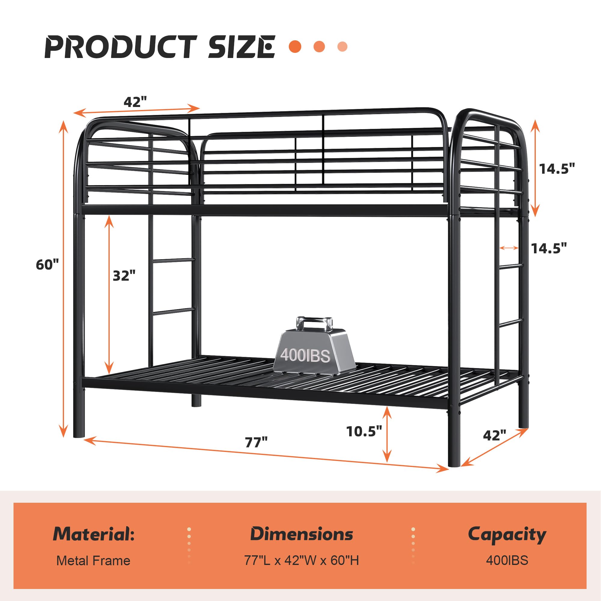SUXXAN Bunk Bed Twin-Over-Full Size with Frame and Ladder, Metal Bunk Bed with Space-Saving Design, Low Loft Design, for Teens & Adults/No Box Spring Needed