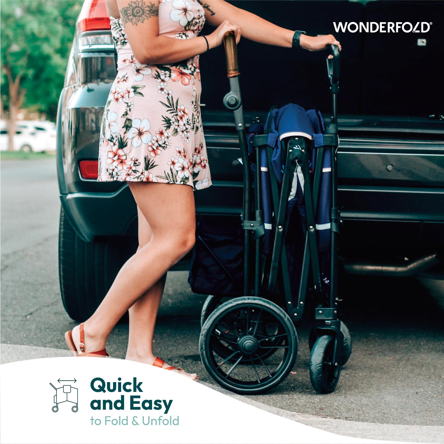 WONDERFOLD X2 Push & Pull Double Stroller Wagon (2 Seater) - Collapsible Wagon Stroller with 5-Point Seatbelt Harnesses, Push & Pull Handles, & Removable Sun Canopy, Midnight Blue