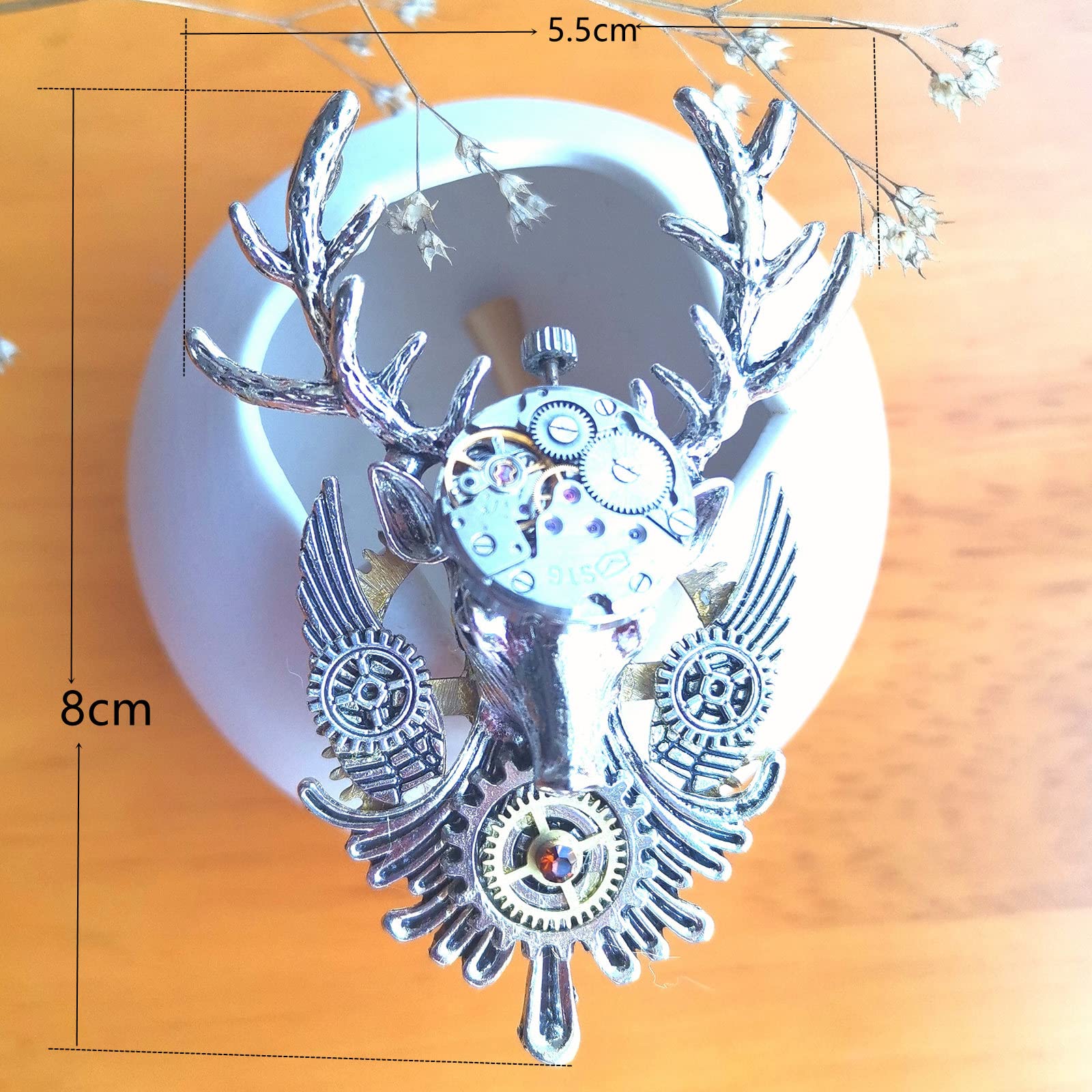 Steampunk Gothic Handmade Deer Elk Antler Mechanical Watch Movements Double Use for Brooch Pin and Necklace Pendant