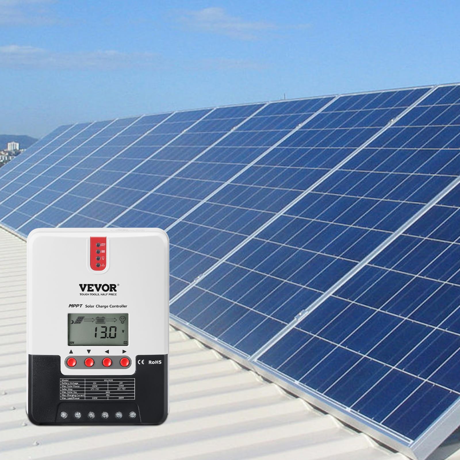 VEVOR MPPT Charge Controller 50 A Solar Charger Controller 12/24/36/48V Solar Controller Solar Panel Controller with LCD Screen High Efficiency for Gel Sealed Flooded Lithium Battery Charging