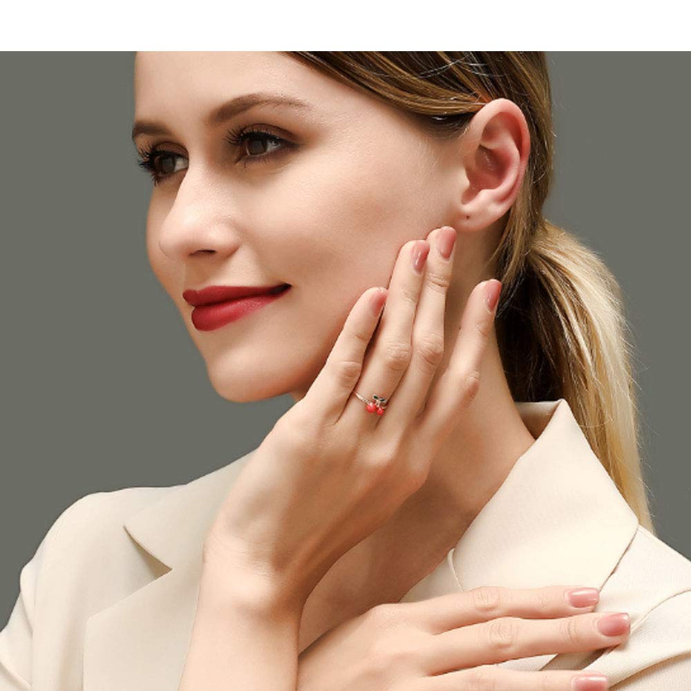 Tafeily Cute Red Cherry Ring Open Ring Band Ring Stacking Rings Adjustable Cherry Fruit Ring for Woman Girls (A)