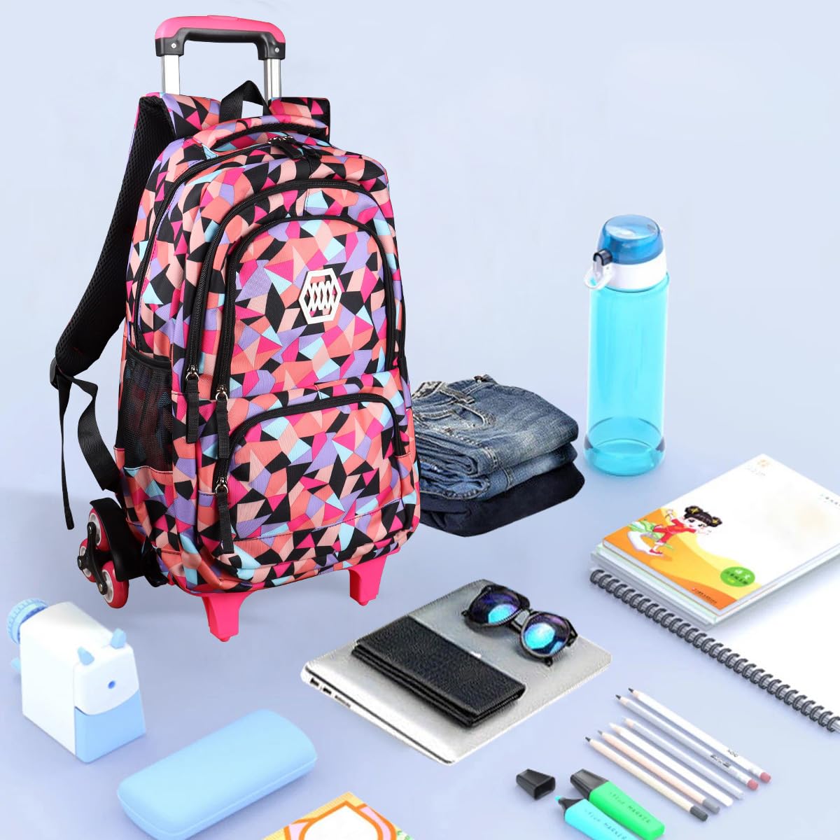 VILINKOU Rolling Backpack for Girls Trolley School Bag Wheels Backpack Luggage Waterproof Climbing Stairs (Rose Red with Six Wheels)