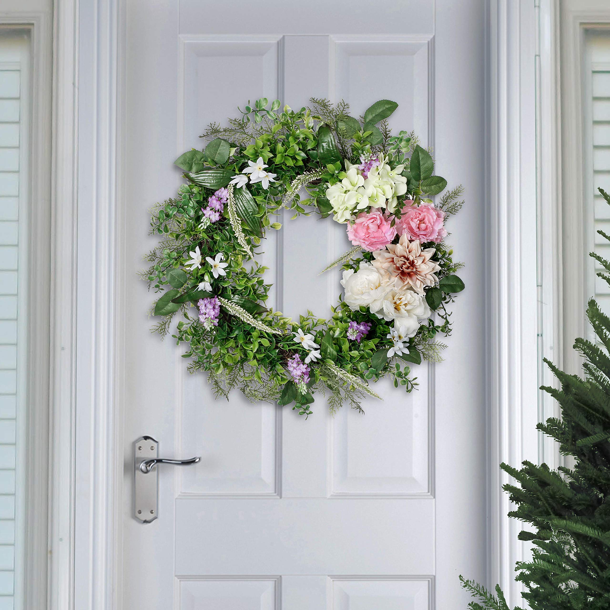 Valery Madelyn 24 inch Decorative Hydrangea Peony Flower Summer Wreath with Green Leaves, Spring Floral Wreath for Porch, Front Door, Window, Wall, Wedding, Home Decor