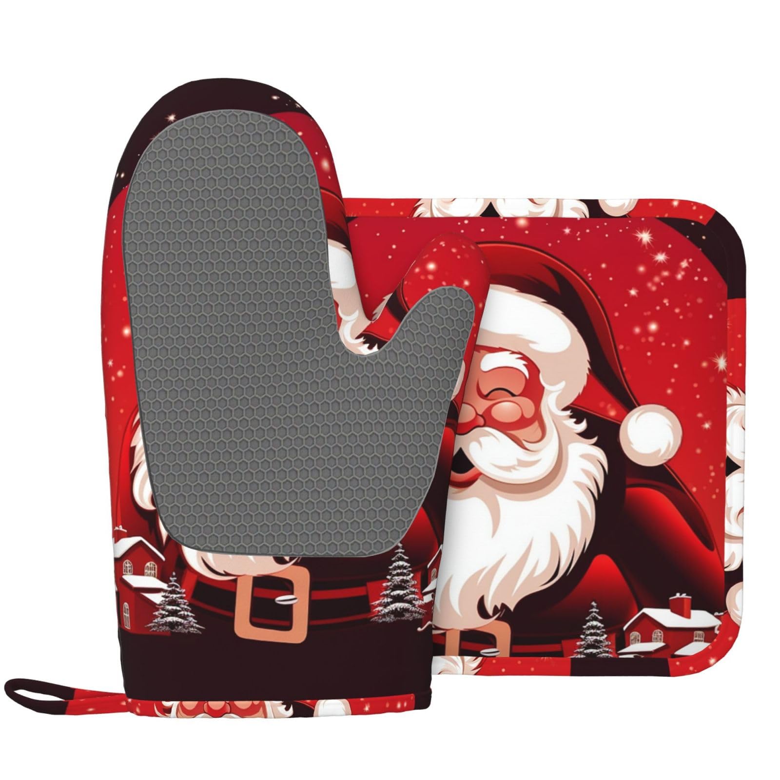 Santa Claus Christmas Printed Oven Mitts and Pot Holders Sets Heat Resistant Kitchen Oven Gloves Potholders Set Extra Long Non-Slip Silicone Gloves for Cooking Baking BBQ