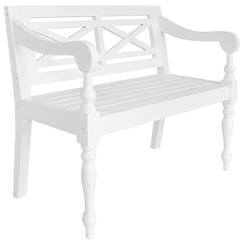vidaXL Solid Mahogany Wood Batavia Bench Backrest Armrest Rustic Sturdy Versatile Home Office Kitchen Dinner Furniture 38.6" White