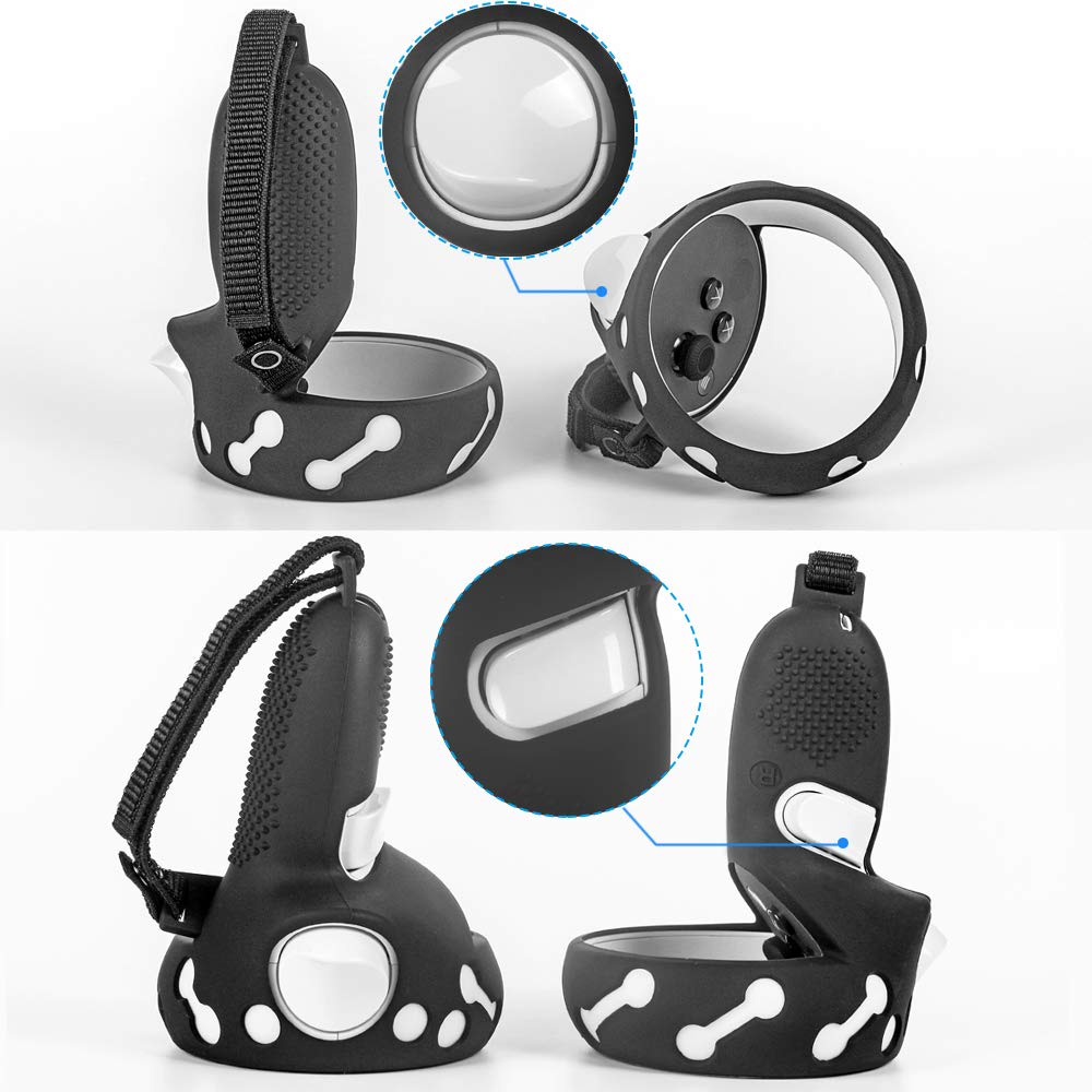 SIMUMU Upgrade Full Cover Silicone Touch Controller Grip Cover & Adjustable Wrist Knuckle Strap for Oculus Quest 2, Upgrade Signal Hole,Unblock Signal (Black)